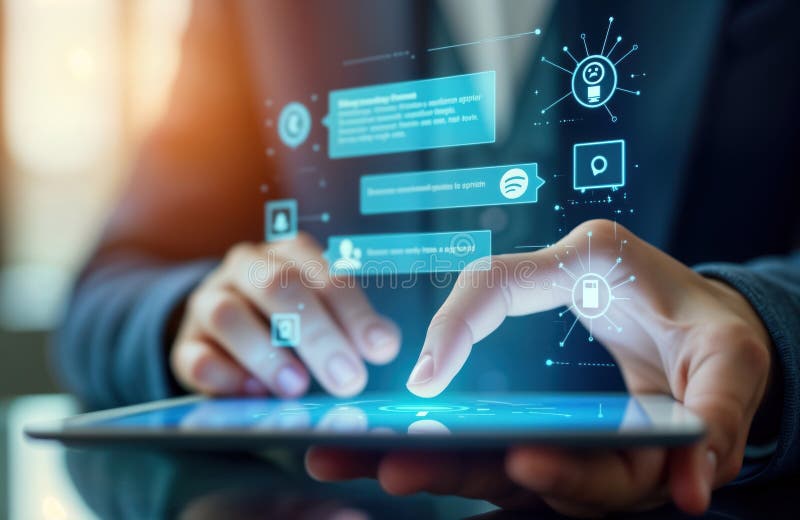 Person Uses Tablet with AI Virtual Assistant Interface. Interactive ...