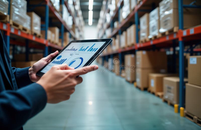 Person Uses Tablet with Charts, Graphs Inside Modern Distribution ...