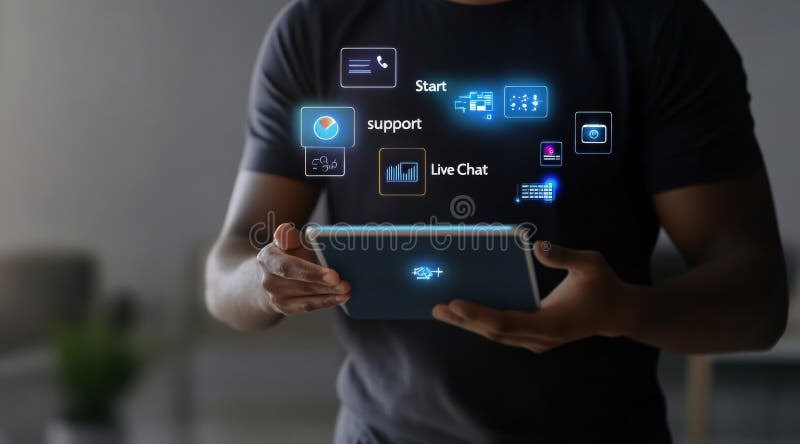 A Person Uses a Tablet with a Dear Support Message on Screen Stock ...