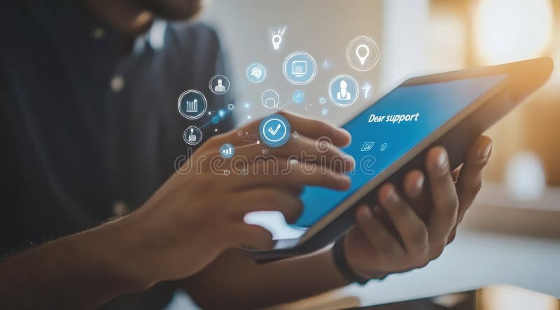 A Person Uses a Tablet with a Dear Support Message on Screen Stock ...
