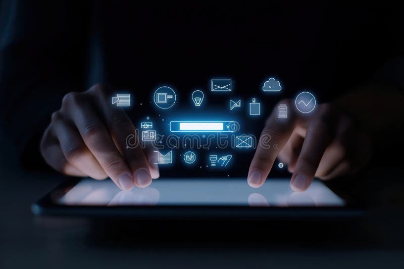 Person Uses Tablet for Online Research. Hands on Tablet Display ...