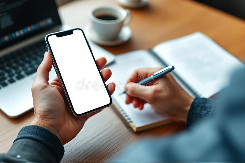 Person Using AI Assistant on Smartphone while Taking Notes at a ...