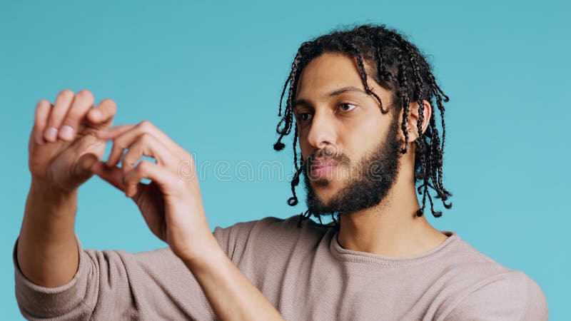 Person Using AR Technology, Doing Swiping Motions, Studio Background ...