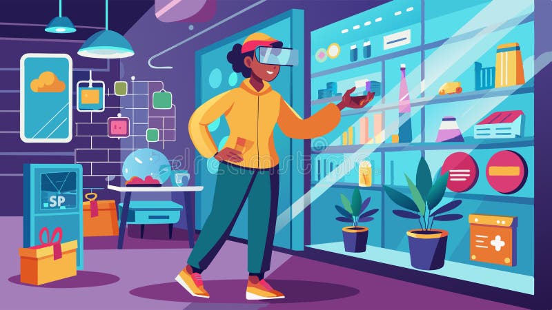 Person Using Augmented Reality To Explore Virtual Product Displays in a Shop. Stock Vector ...