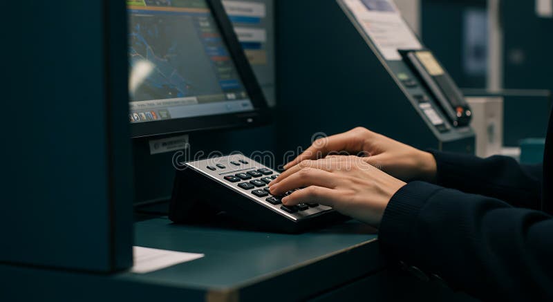 Person Using Calculator at Computer Workstation for Data Entry Task ...