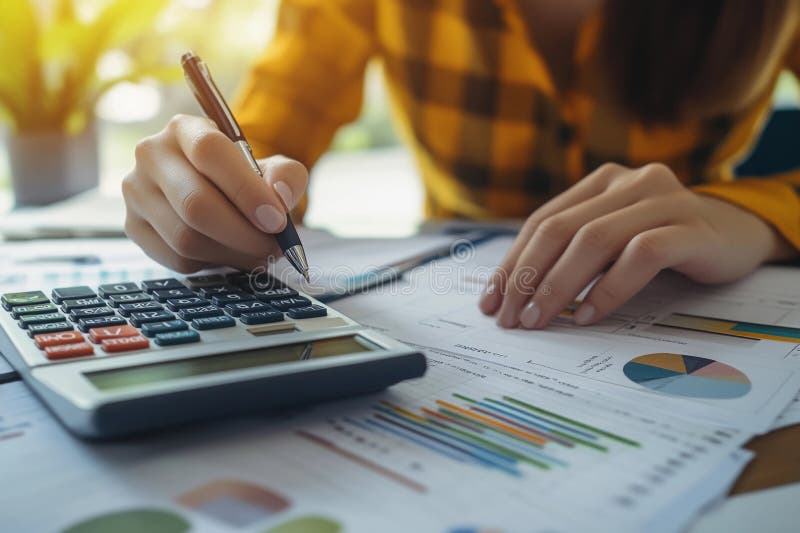 A Person is Using a Calculator and Taking Notes on Financial Documents ...