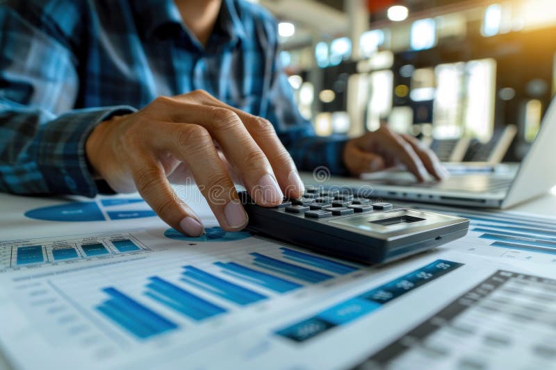 A Person is Using a Calculator To Add Numbers on a Piece of Paper Stock ...