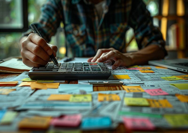 Person Using Calculator on Wooden Desk with Paper and Post-it Notes ...