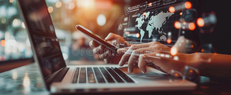A Person is Using a Cell Phone in Front of a Laptop Computer Stock ...