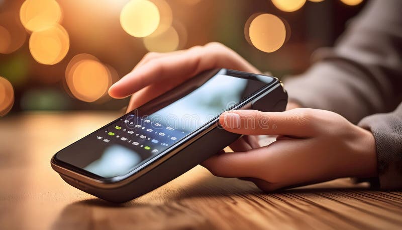 Person Using Cell Phone on Table Stock Illustration - Illustration of ...