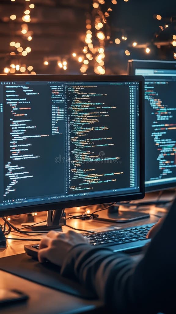 Person Using Computer, Analyzing Screen. Code on Monitor, Performing ...