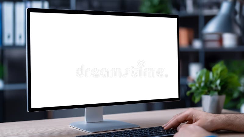 Person Using a Computer with a Blank Screen in a Modern Office Setting ...