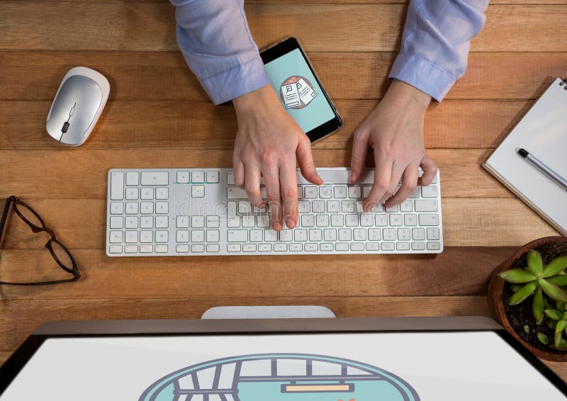 Person Using a Computer and Mobile Phone with Travel Icons on the ...