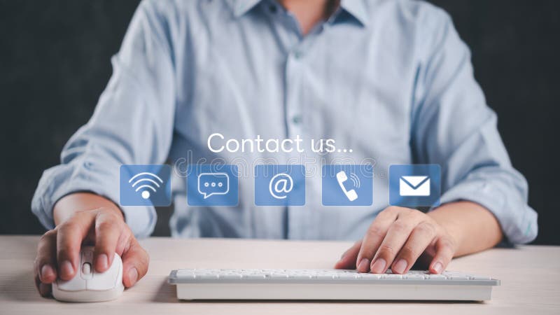 Person Using Computer Mouse and Keyboard with Contact Us Icons Overlay ...