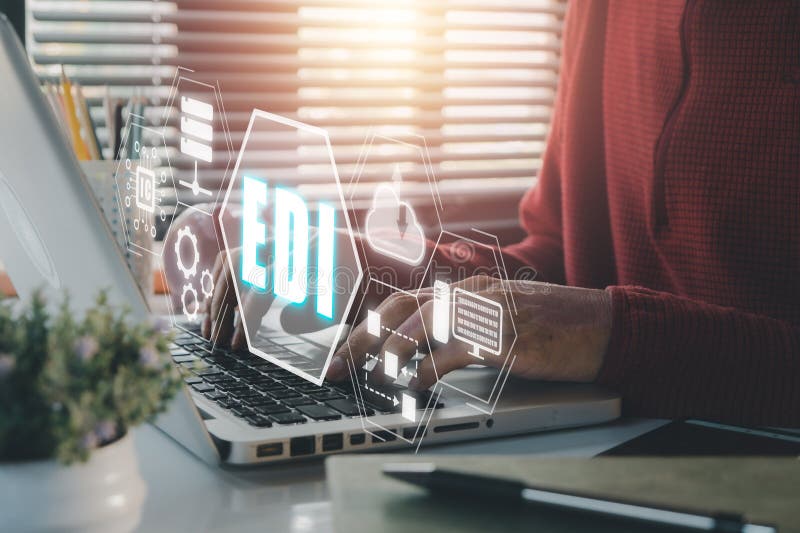Person Using Computer on Office Desk with Virtual Screen EDI Icon Stock ...