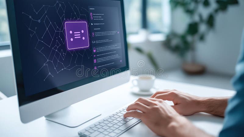 Person Using Computer with Purple Chatbot Interface on Screen ...