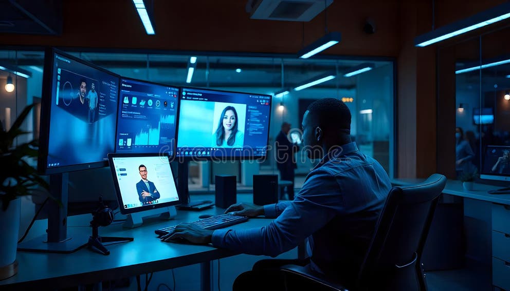 A Person is Using Computers for a Business Meeting Remotely Stock ...