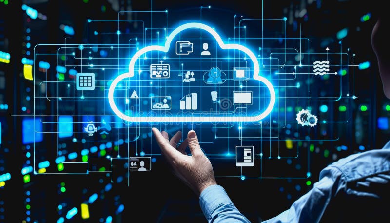 Person Using Digital Cloud Interface with Tech Icons in Data Center ...