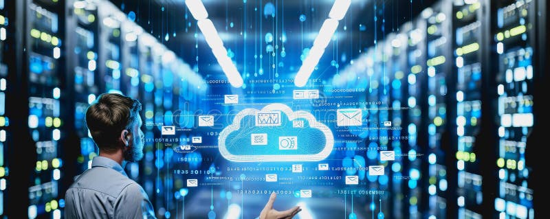 Person Using Digital Cloud Interface with Tech Icons in Data Center ...