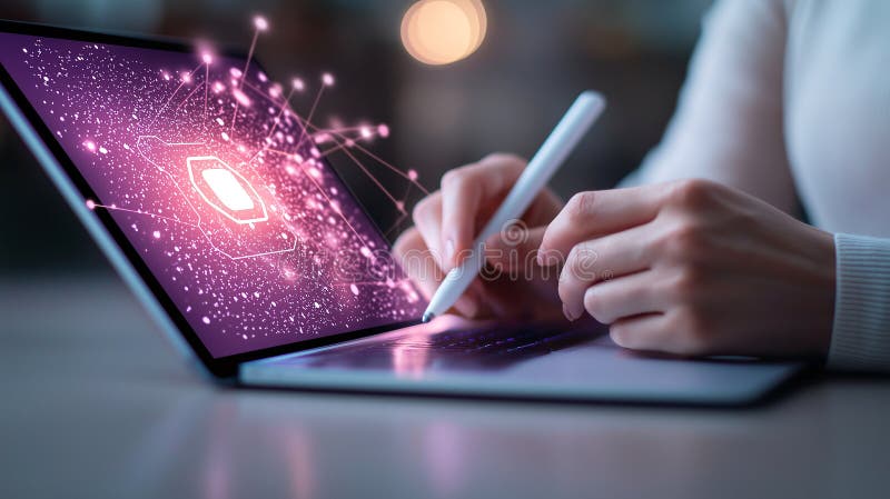 Person Using Digital Pen on Laptop Creating Glowing Interface with ...