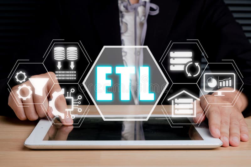 Person Using Digital Tablet with Extract Transform Load Icon on Virtual ...