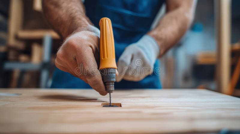 A Person Using a Drill To Make Holes in Wood, AI Stock Photo - Image of ...