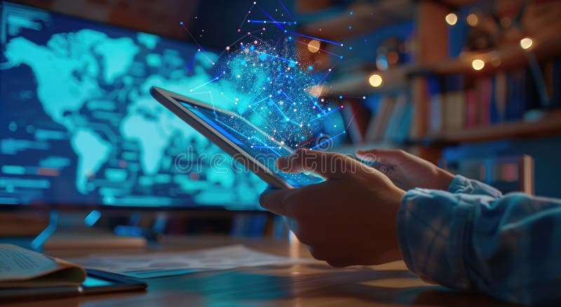 Person Using Electric Blue Tablet with World Map Display Device Stock ...