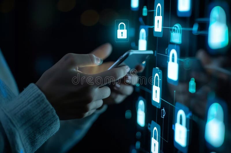 Person Using Electronic Device with Security Icons Signifying Digital ...