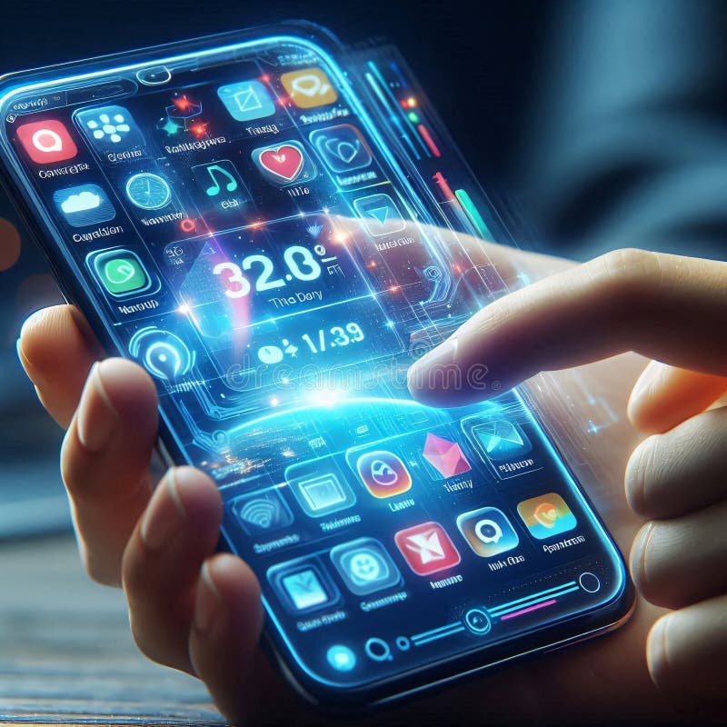 A Person Using a Futuristic Smartphone with a Glowing, Interactive ...