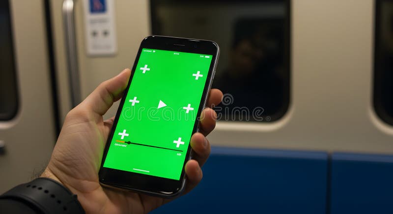 Person Using a Green Screen Smartphone in Transit for Application ...