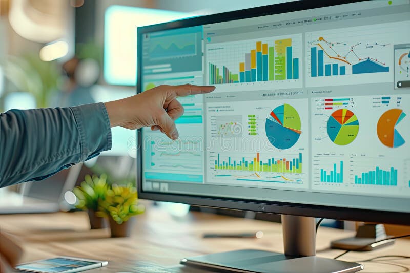 A Person is Using a Hand Gesture To Indicate Data on a Screen with Graphs Stock Illustration ...