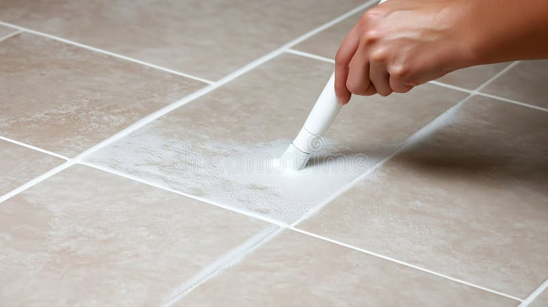 Cleaning Grout Lines with a Handheld Tool in a Bright Kitchen during ...