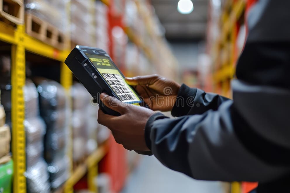 A Person Using a Handheld Device in a Warehouse for Inventory ...