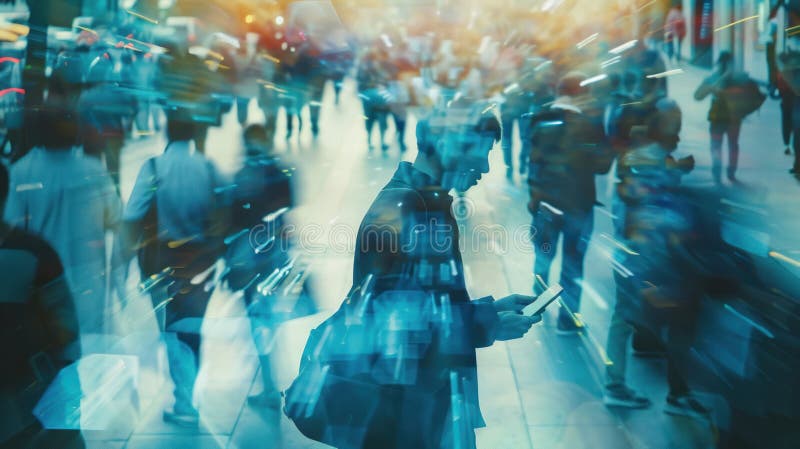 A Person Using a High-tech Gadget in a Crowded Environment, Stock ...