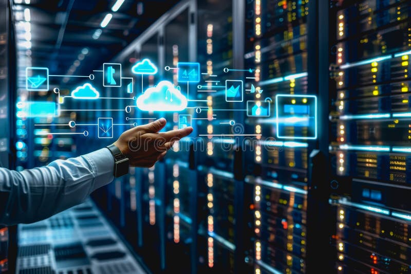 Person Using Holographic Cloud Interface in High-tech Data Center Stock ... Person Using Holographic Cloud Interface in High-tech Data Center Stock ...