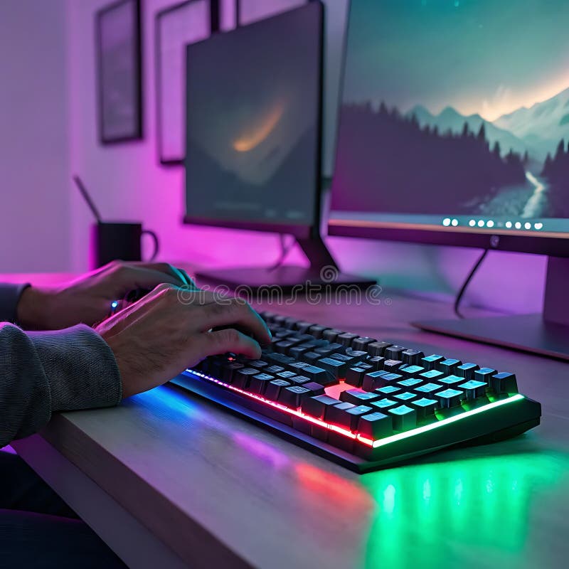 Person Using Illuminated Keyboard and Dual Monitors in a Modern ...