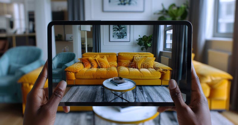 Person Using an IPad with AR To Design a Modern Living Room with Yellow ...