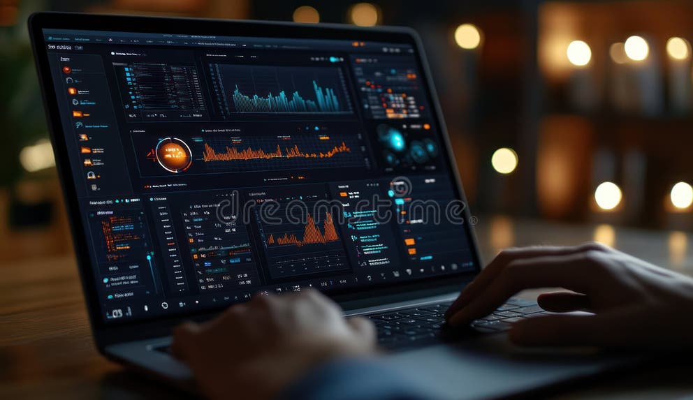 Person Using Laptop with AI-powered Interactive Dashboard for Advanced Business Intelligence and ...