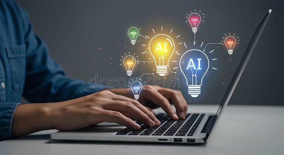 Person Using Laptop with Artificial Intelligence Light Bulbs ...