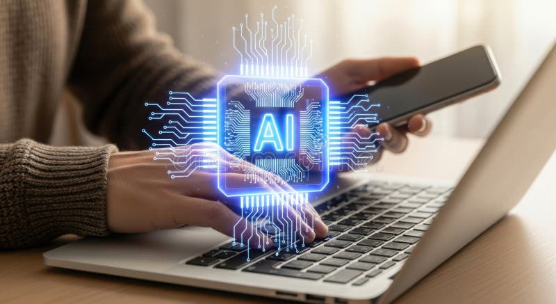 Person Using Laptop with Artificial Intelligence Technology Concept Overlay Stock Illustration ...