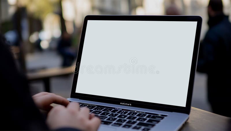 Person Using Laptop with Blank Screen Outside Working Remotely Stock ...