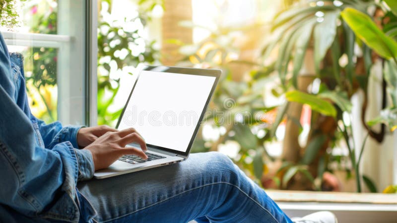 Person Using a Laptop with a Blank Screen, Sitting in a Balcony ...