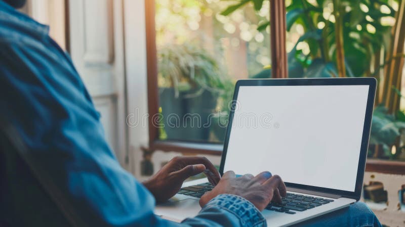Person Using a Laptop with a Blank Screen, Sitting in a Balcony ...