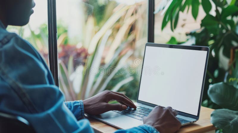 Person Using a Laptop with a Blank Screen, Sitting in a Balcony ...