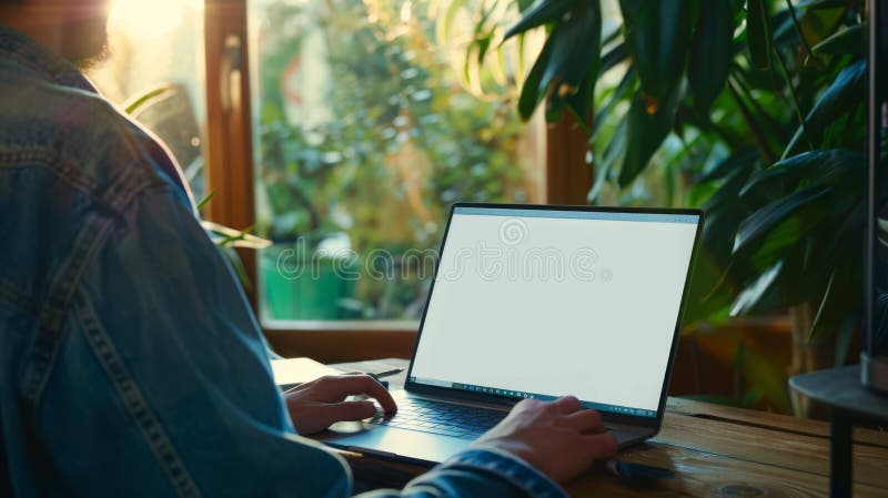 Person Using a Laptop with a Blank Screen, Sitting in a Balcony ...