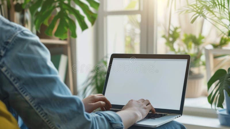Person Using a Laptop with a Blank Screen, Sitting in a Balcony ...