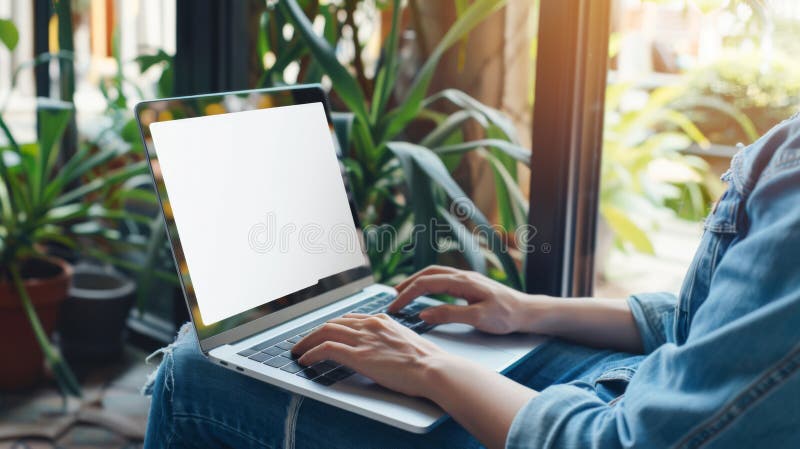 Person Using a Laptop with a Blank Screen, Sitting in a Balcony ...