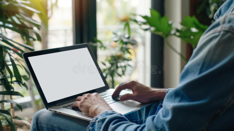 Person Using a Laptop with a Blank Screen, Sitting in a Balcony ...