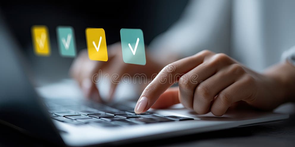 Person Using Laptop with Checkmark Icons on Screen, Symbolizing Task ...