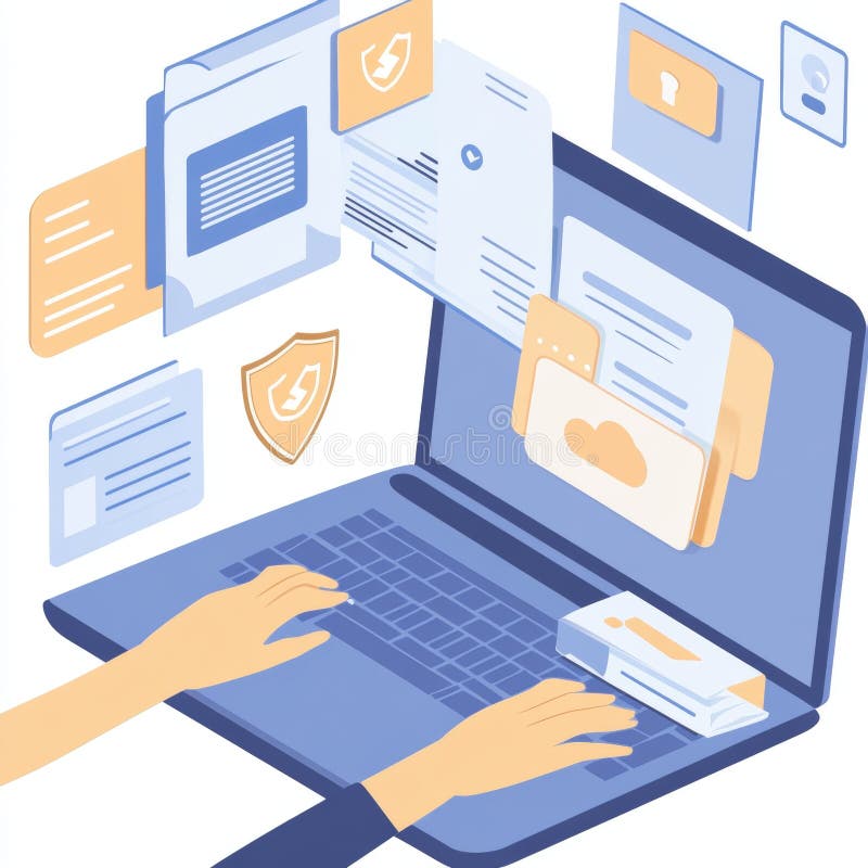 Person Using Laptop with Cloud File Sharing Icons for Secure Document ...